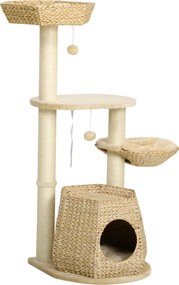 PawHut Kočičí strom s poškrabávadlem, 119 cm, vyztužené sloupky, úkryt, houpačka, 2 závěsné míčky | Aosom