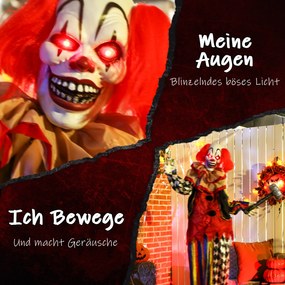 Outsunny Hrůzostrašný klaun, animatronika na Halloween, 173 cm, svítící oči, aktivace zvukem, pohyblivé paže a hlava, na baterie, plast, kov, červená