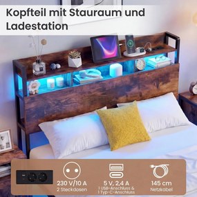 Costway Postel s nabíjecí stanicí a LED osvětlením, čelo s úložným prostorem