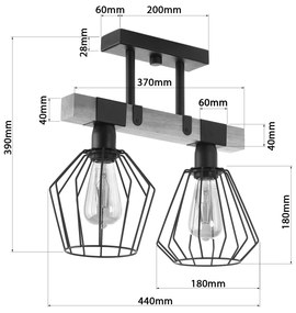 Light for home - Lustr přisazený ke stropu na tyči 15609 "CAMEROON", 2x60W, E27, černá, přírodní olše