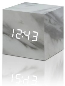 Šedý budík v mramorovém dekoru s bílým LED displejem Gingko Cube Click Clock