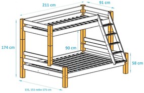 Dětská patrová postel s rozšířeným spodním lůžkem z MASIVU 200x80cm se šuplíky PAVLÍNA