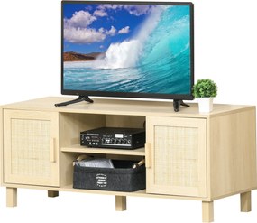 HOMCOM TV Stánek s Věšákem - 2 Přihrádky, 2 Skříně s Ratanovými Dveřmi, 115 x 40 x 48 cm, MDF s Povrchovou Úpravou Světle Dřevo