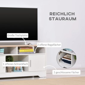HOMCOM TV Skříňka pro Obývací Pokoj s Velkým Úložným Prostorem, Otevřené Police, Správa Kabelů, Klasický Design 105x40x52 cm Bílá