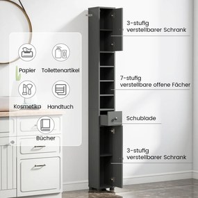 Costway Úzká koupelnová skříňka s 2 dvířky a 1 zásuvkou a nastavitelnými
