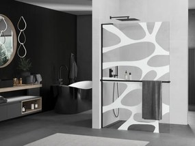 Mexen Kioto+ L, sprchová zástěna Walk-In s poličkou a věšákem 100 x 200 cm, 8mm čiré sklo bílý vzor, ​​černý profil, 800-100-123-70-97