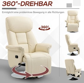 HOMCOM Relaxační křeslo s nastavitelnou opěrkou a 360° otočením, umělá kůže, do 150 kg, pro obývací pokoj, ložnici, domácí kino, krémové