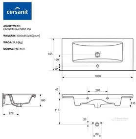 Cersanit Tirso, závěsná umyvadlová skříňka 994x447x572 mm + keramické umyvadlo, bílá matná, S801-542