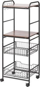 HOMCOM Kuchyňský vozík s kolečky, 2 regály, 2 odnímatelné košíky a 4 háčky pro jídelnu a koupelnu 40x38x111 cm Ořechová a černá | Aosom
