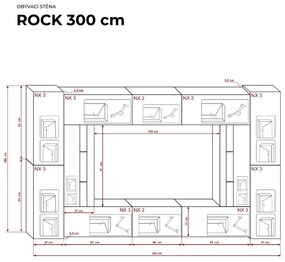 Ral Obývací stěna ROCK 2, 300 cm - Bílo/černý lesk