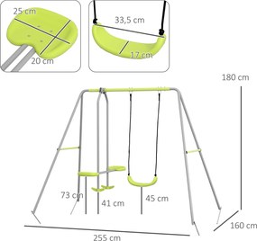 Zahradní houpačka Outsunny pro děti s 1 jednoduchou houpačkou, 1 klouzačkou a anti-UV ochranou, nosnost 135 kg, 255x160x180 cm, šedá a zelená