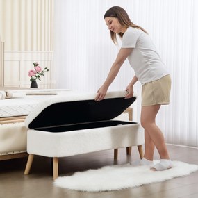 HOMCOM Úložná lavice, sedací lavice s úložným prostorem 65 l, materiál teddy-fleece, kaučukové dřevo, 120 x 42 x 45 cm, krémově bílá