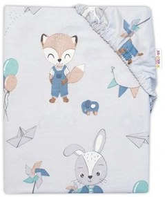 Baby Nellys Dětské bavlněné prostěradlo do postýlky, Liška a zajíc, modré, 70x140 cm