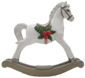 Dekorativní figurka bílý houpací koník s cesmínou – 11 cm cm