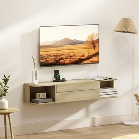 HOMCOM závěsný televizní nábytek, TV stolek pro televizi 127 cm, zásuvka, police, průchodky na kabely, 120x24x22,4 cm, vzhled přírodního dřeva