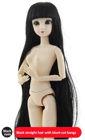 Kloubová panenka s dlouhými vlasy Varianta: černé oči + černé vlasy s ofinou