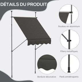 Outsunny Volně stojící ručně zatahovací markýza 1,5L x 1,2W x 2,1-3H m s nastavitelným sklonem pro balkon bez vrtání Tmavě šedá kovová aluminiová poly