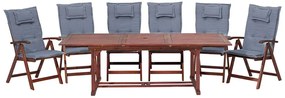 Zahradní souprava, dřevěný stůl a 6 židlí s modrými polštáři TOSCANA Beliani