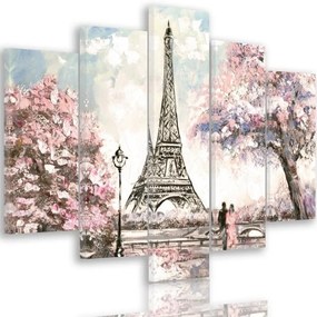 Obraz na plátně pětidílný Pařížská Eiffelova věž Pastel - 200x100 cm