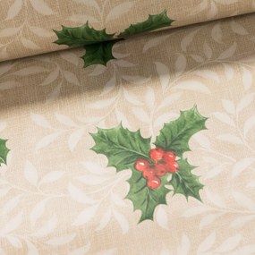 Ubrus PVC s textilním podkladem vánoční N48/01 cesmína na béžové, š.140cm (metráž)