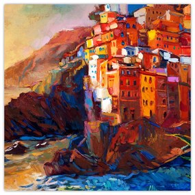 Obraz - Vesnice na pobřeží Cinque Terre, Italská riviéra, moderní impresionismus (30x30 cm)