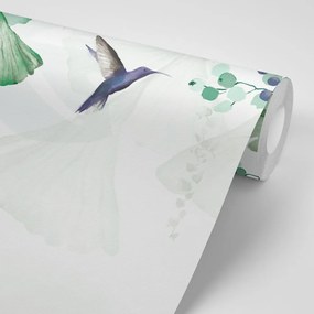 Samolepící tapeta zelené listy s kolibříky
