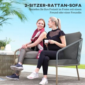 Ratanová pohovka Outsunny se sedáky, 2 místná pohovka, venkovní balkonová pohovka, ratanový nábytek 112 x 72 x 76 cm Šedá