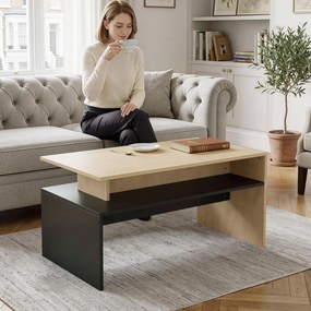 HOMCOM Moderní dvoubarevný konferenční stolek s posunutými úrovněmi a odkládacím prostorem, 95 x 55 x 50 cm, přírodní dřevo a černá