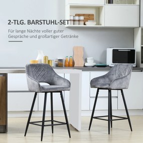 HOMCOM Sada 2 otočných barových židlí s opěradlem Bistro výška stolu, židle z sametového vzhledu pro kuchyň, obývací pokoj a jídelnu, šedá ocel 50 x …