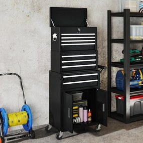 box na nářadí 3 v 1, skříňka na nářadí se 4 kolečky, uzamykatelný box na nářadí s 9 zásuvkami, ocel, černá barva