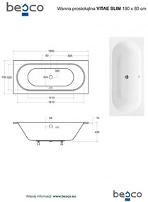 BESCO Obdélníková vana VITAE SLIM Nožičky k vaně - S nožičkami, Rozměr vany - 180 × 80 cm VANVITAE180SLIM+OLVPINOZSTELWD