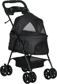 Skládatelný kočárek PawHut pro malé psy s univerzálními koly, úložným košíkem, bezpečnostními pásy a oknem, nosnost 15 kg, 67x45x96 cm, černý