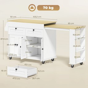 HOMCOM kuchyňský ostrůvek s vysouvací pracovní deskou, kuchyňský vozík na kolečkách se 2 zásuvkami, 4 dveřmi, bílý
