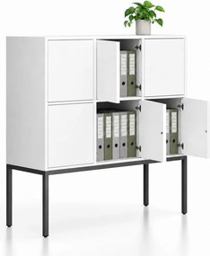 Kancelářská skříň FRAME, nízká, černá podnož, 6x dveře, 1299 x 450 x 1331 mm, PUSH-lock, bílá