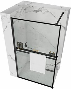 Rea Bler, sprchová zástěna 100x195 cm, 8mm čiré sklo, černý matný profil + police a věšák EVO, 40912