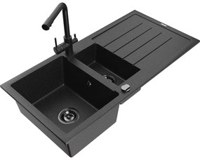 Mexen Andres, granitový dřez 1000x500x200 mm, 1,5-komorový + černá baterie Duero, černá-stříbrná metalíza, 6515-73-671600-70-B