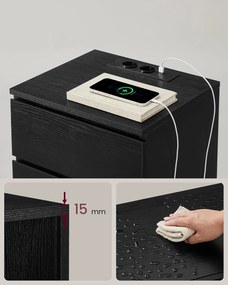 Noční stolek, 2 kusy v sadě, se 2 zásuvkami a 2 USB porty, černý
