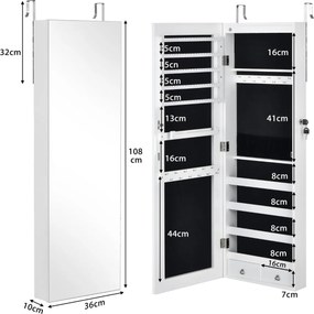 Costway Mirrored Jewelry Cabinet Uzamykatelný na stěnu/dveře – 36 × 10 × 108 cm