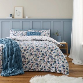 Bílo-modré flanelové povlečení na dvoulůžko 200x200 cm Ophelia Floral – Bianca