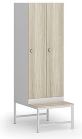 Šatní skříňka S1 s lavičkou, 2 oddíly, 1875 x 600 x 500/800 mm, otočný zámek, laminované dveře, dub přírodní