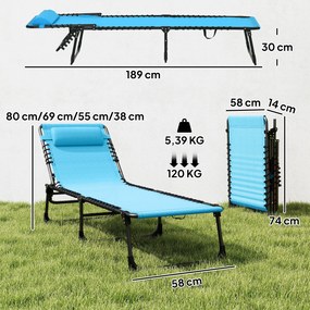 Lehátko, skládací, prodyšný potah, kovový rám, 189 x 58 x 30 cm, modrá barva