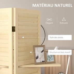 HOMCOM Příčka do interiéru 4 panely 160D x 170V cm 3 skládací police s žaluzkovými dveřmi z přirozeného paulovního dřeva