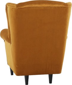 relaxační křeslo, ušák, dřevo/látka, nohy tmavé/potah hořčicový, Tempo Kondela CHARLOT