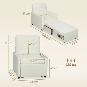 HOMCOM skládací křeslo pro 1 osobu, rozkládací křeslo s ukrytým úložným prostorem, široké polstrované sedadlo, 72 x 85,5 x 91 cm, krémová