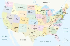 DIMEX | Samolepicí vliesová fototapeta na zeď Politická mapa USA MA-5-1542 | 375 x 250 cm | zelená, modrá, bílá, žlutá