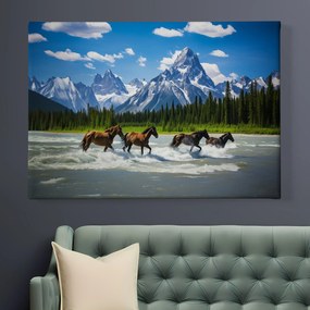 Obraz na plátně - Koně brodí řeku v horách FeelHappy.cz Velikost obrazu: 90 x 60 cm