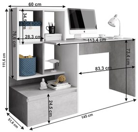 PC stůl, beton/bílý mat, NEREO