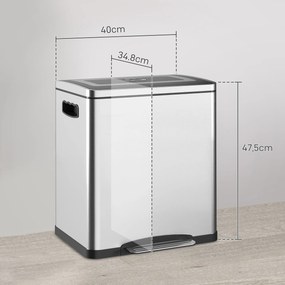 HOMCOM 40L x 34.8Š x 47.5V cm Stříbrný Pedálový Koš na Odpadky s 2 Kompartmenty, Nerezová Ocel s Tichým Víkem, Odnímatelné Vnitřní Kbelíky