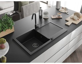 Mexen Leo, dřez granitový 900x500x190 mm, 1-komorový a černá baterie Telma, černá, 6501-77-670200-70-B