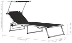 vidaXL Marketos Skládací opalovací lehátko se stříškou hliník a textilen černé
